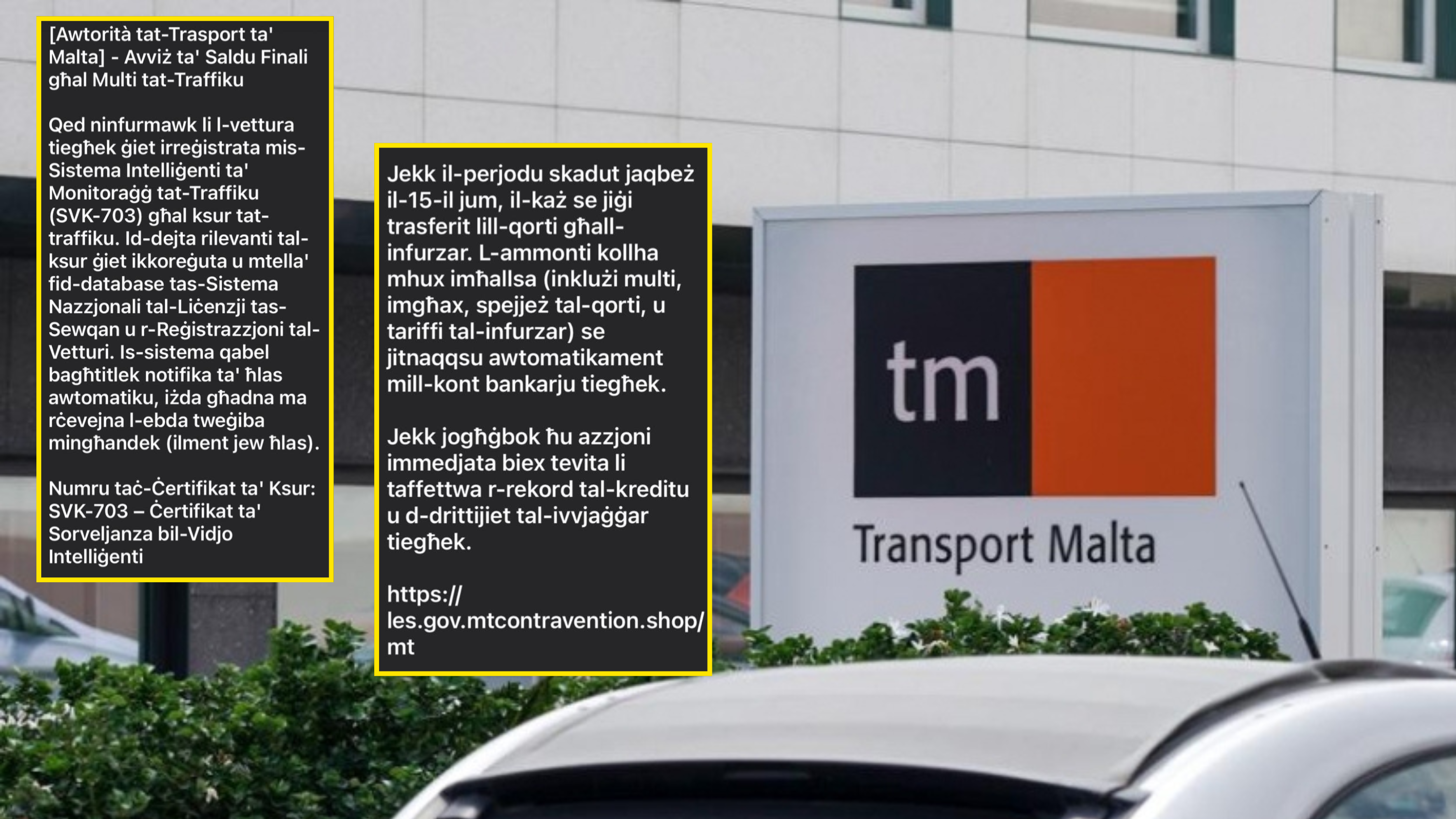Transport Malta warns of scam message alleging traffic fines